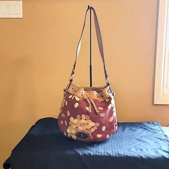 Fossil | Bags | Fossil Canvas Leather Drawstring Shoulder Bag Cross ...